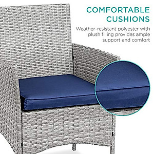 Best Choice Products 3-Piece Outdoor Wicker Conversation Bistro Set, Space Saving Patio Furniture for Yard, Garden w/ 2 Chairs, 2 Cushions, Side Storage Table - Gray/Navy