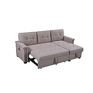 FurniFusion 84'' L-Shape Convertible Sleeper Sectional Sofa with Storage Chaise and Pull-Out Bed, Linen Upholstered Reversible Corner Couch w/USB Charger Ports and Pocket, Light Gray, 84 Inch