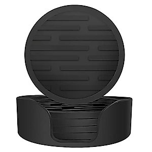 Ouzoustate Coasters for Drinks Set of 6,Silicone Coasters for Coffee Table with Holder,Thickened,Easy to Clean,Non-Slip for Wooden Table,Bar,Fits Any Size of Cup (Black)