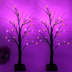Halloween Decorations Indoor, 2-Pack 2FT Lighted Black Halloween Tree with 48 LED Orange & Purple Lights, Timer Function Battery Operated Halloween Trees Lights Spooky Tree for Tabletop Home Party