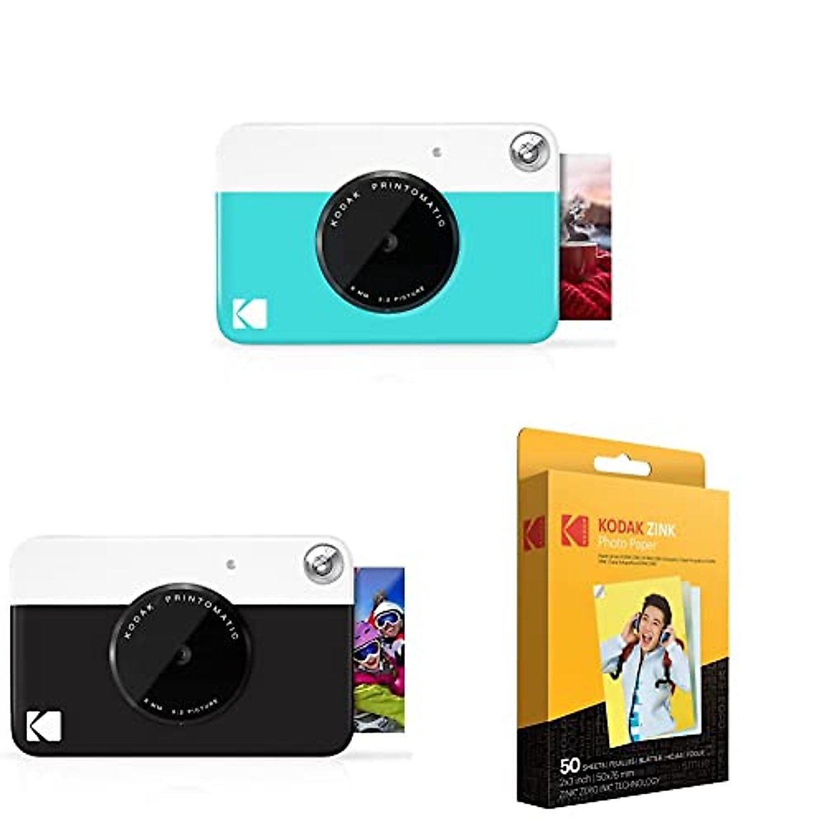 Kodak Printomatic Digital Instant Print Camera (Blue) & Printomatic Digital Instant Print Camera (Black) & 2"x3" Premium Zink Photo Paper (50 Sheets) 50 Count (Pack of 1)