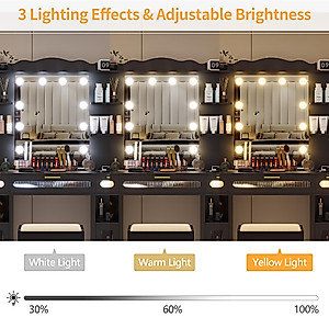 Vlsrka Black Vanity Desk with Mirror and Lights, Makeup Vanity Set with Charging Station, Power Strip, Vanity Table with Hollywood Mirror and Chair, 3 Colors Lighting Modes