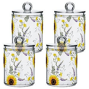 Kigai 2 Pack Apothecary Jars Sunflower Floral White Qtip Holder Organizer Clear Airtight Container for Cotton Swabs Food Storage 14oz Plastic Jars with Lids