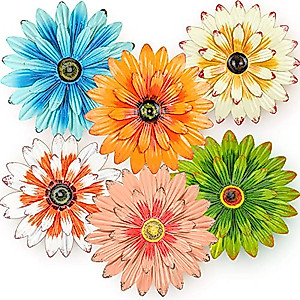 Zhehao 6 Pcs Metal Flower Wall Art Decor 8 Inch Sunflower Wall Decorations Hanging Outdoor Metal Wall Art Multicolored Handmade Metal Flowers Outdoor Decor (Elegant Color)