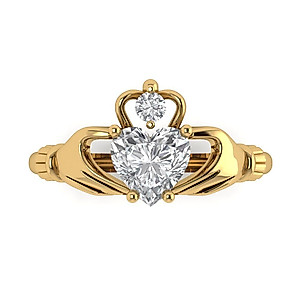 1.06 Ct Brilliant Heart Cut Clear Simulated Diamond 14K Yellow Gold Solitaire Claddagh Statement Ring Size 10.75