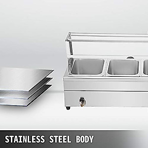 VEVOR 110V Bain Marie Food Warmer 6 Pan x 1/3 GN, Food Grade Stainelss Steel Commercial Food Steam Table 6-Inch Deep, 1500W Electric Countertop Food Warmer 42 Quart with Tempered Glass Shield