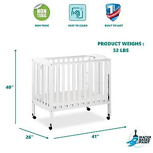 Dream On Me 3 in 1 Portable Folding Stationary Side Crib in White, Greenguard Gold Certified, Safety Wheel with Locking Casters, Convertible, 3 Mattress Heights