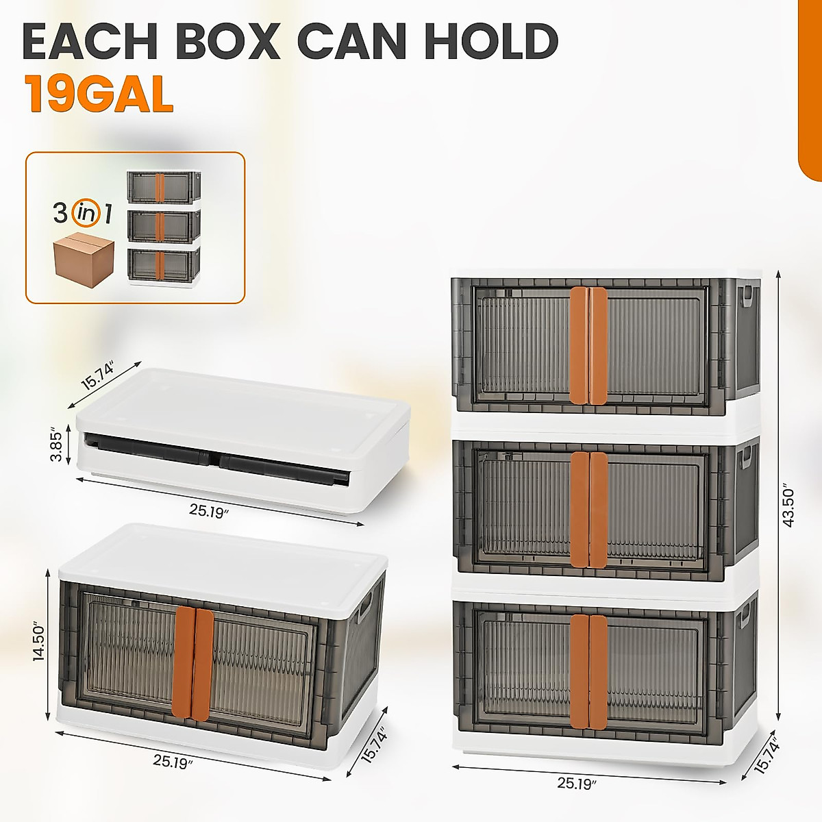 TRZZ 19Gal Closet Organizers and Storage, Collapsible Storage Bin with Lid for Dorm Room, Trunk Car Organizer, Stackable Cabinet Storage, Plastic Bins with Wheels, Folding Storage Box for Home, 3Pack