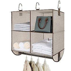 TOPIA HOME 4-Section Hanging Closet Shelves with Rod, Unique Thickened Cotton Fabric Hanging Closet Organizer, Closet Organization for Clothes, Baby, Kids, Shoes, Purse, Hat, 24" Wx12 Dx29 H, Brown