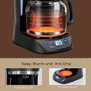 Aigostar 12 Cup Programmable Coffee Maker with Glass Carafe Pot, 24H Timer and Anti-Drip System, 2H Keep Warm with Auto-Shut Off, Electric Coffee Maker, Black