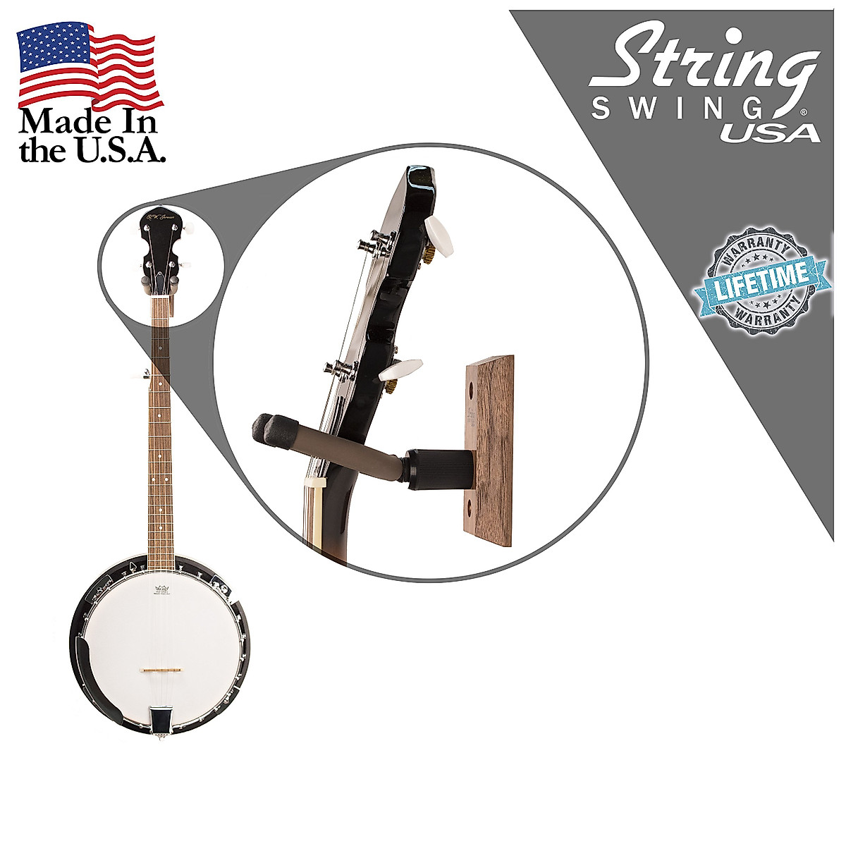 String Swing CC01B-BW Banjo Hanger Wooden Wall Holder Black Walnut Hardwood
