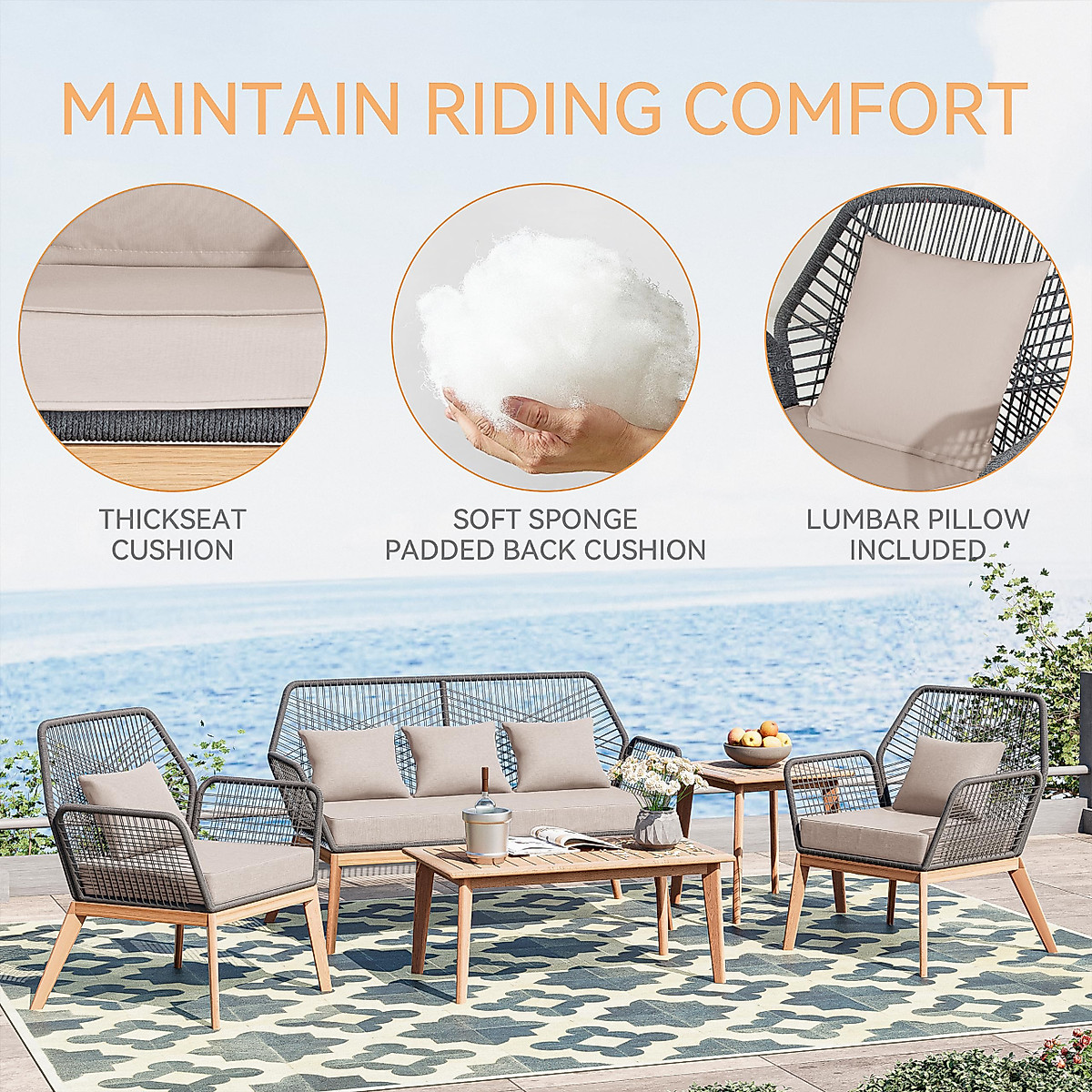 ASJMR 5-Piece Patio Furniture Set, Solid Wood Woven Rope Set Balcony Modern Outdoor Living Room All-Weather Set, Suitable for Backyard, Swimming Pool, Deck, Garden