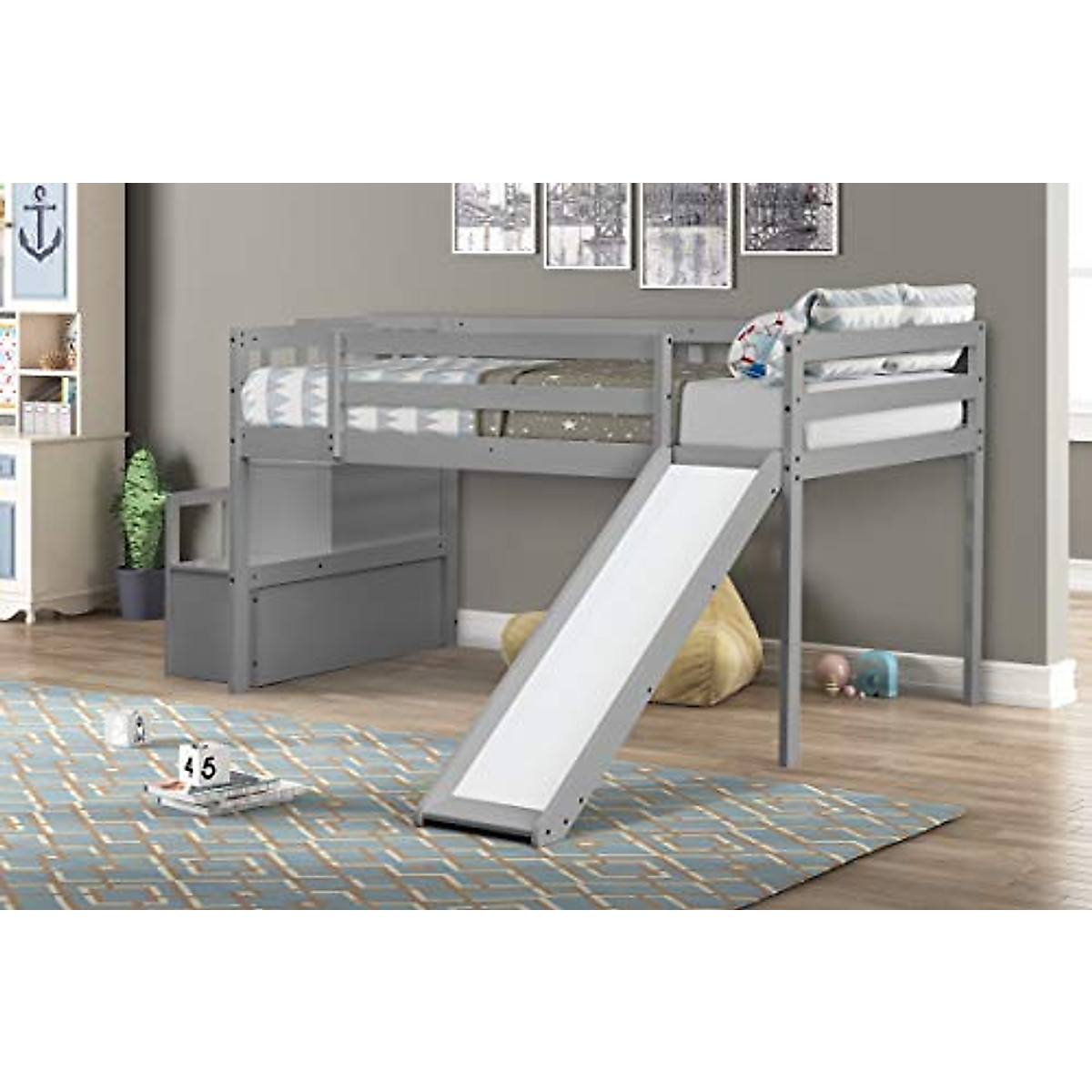 HABUHOME Loft Bed with Staircase, Storage, Slide, Twin Size, Full-Length Safety Guardrails, No Box Spring Needed, Grey
