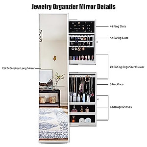 BOSTANA Standing Jewelry Organizer Armoire With 2 Push-Pull Jewelry Cabinet,Anti-trpinig Leaning Full Length Mirror,Body Mirror with 2 Jewelry Drawer For Girls,Women, Bedroom Decoration,Gift