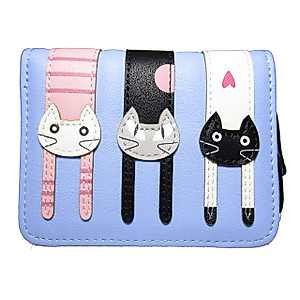 Nawoshow Women Cute Cat Wallet Coin Purse Bifold Wallet Clutch Bag (A-Blue)