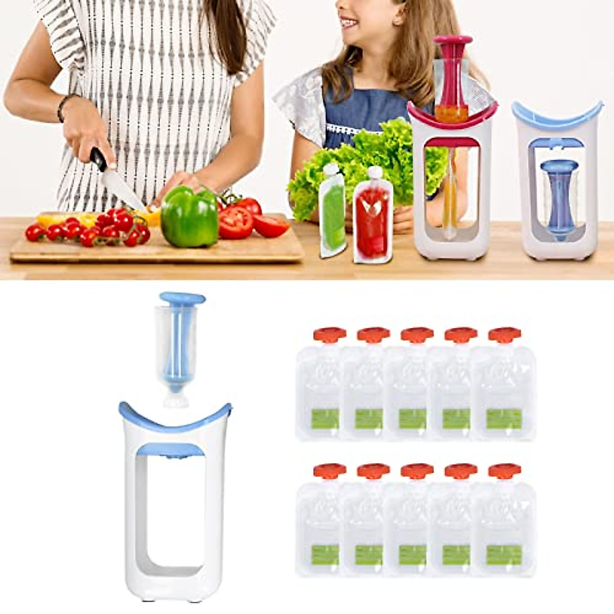 YEmirth Baby Food Maker with 10PCS Pouch, Squeezes Station Fresh Fruit Juice Puree Squeezer Reusable Storage Bags for Snacks Storage, Perfect Home Outdoor Camping Traveling(A1)