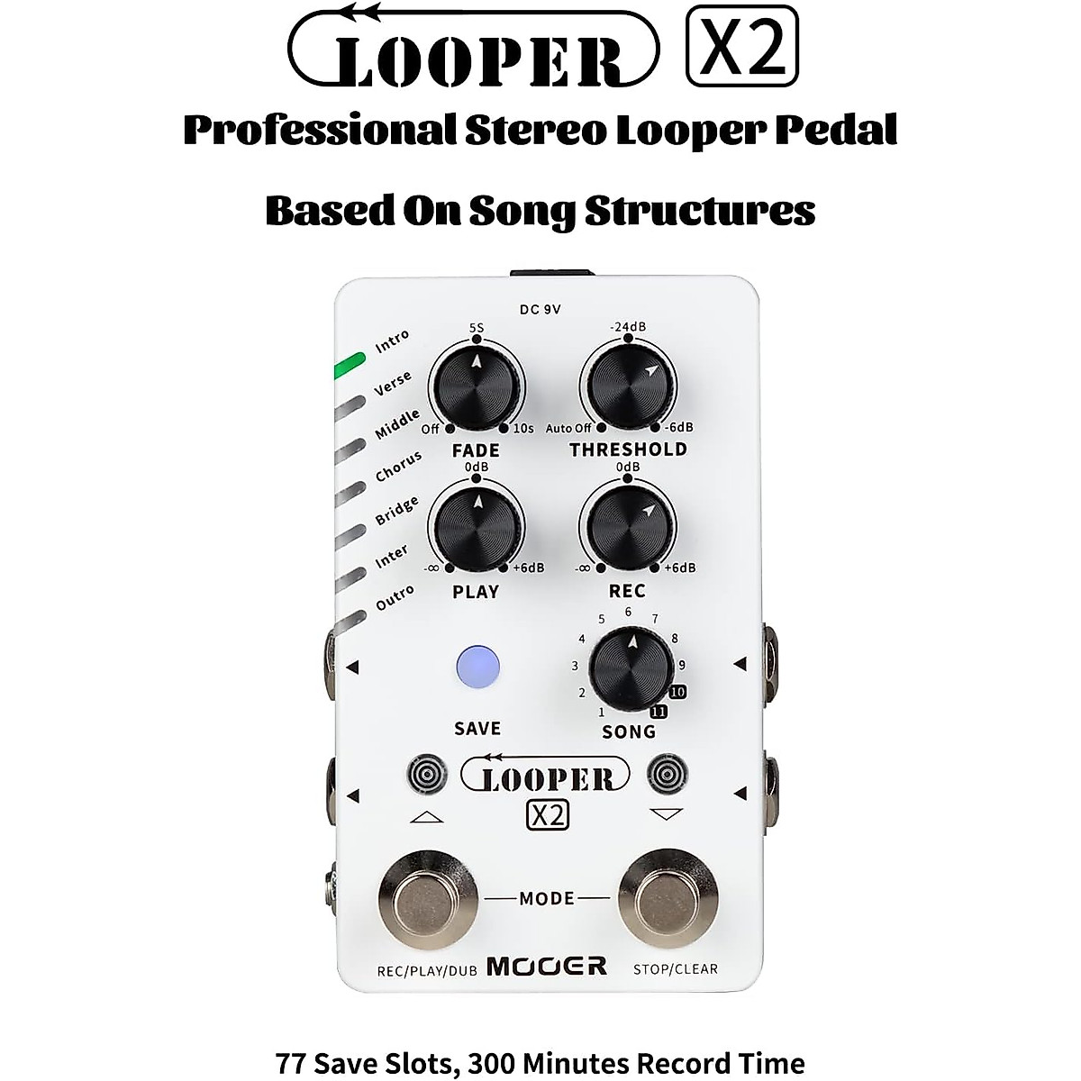 MOOER Looper X2 Stereo Electric Guitar Loop Pedal, Bass Guitar Looper Pedal, Acoustic Guitar Looper Pedal with 11 Banks, 300 Minutes, 77 save slots, Fade Out Function for practice and live show