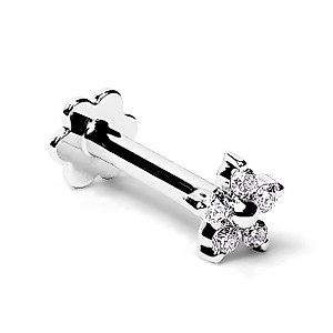 Demira Jewels Natural Diamond 14K White Gold 5-Stone Natural Diamond Flower Nose Pin, Lip Labret, Monroe Ring, Stud, Screw - 8mm Long, 16 Gauge