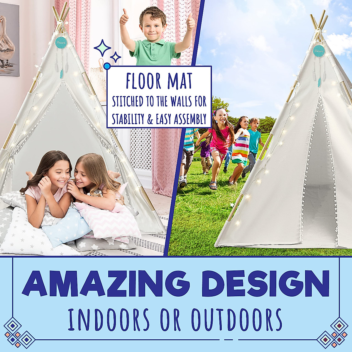 Teepee Tent for Kids - Indoor Tent, Pompon Ball Design, Built-in Mat, Inner Pockets, Window, LED Star Lights, Dream Catcher, Unique Threaded Poles - Strong Foldable Play Tent for Girls & Boys.