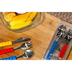 Toddler Utensils and Brick Toys - Set of 3 Interlocking Block Kids Silverware - Toddler Fork and Spoon Set with Toddler Knife for Kids - Non-BPA Kids Cutlery and Kid Safe Stainless Steel Silverware