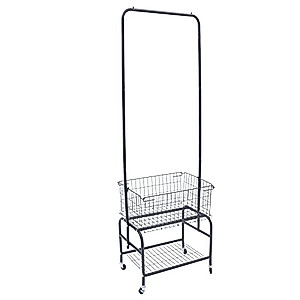 kunghei 2-in 1 Rolling Clothes Rack, 2 Tier Clothing Rack with Metal Basket, Rolling Storage Cart Clothes Organizer Coat Rack Storage Stand on Wheels, for Home Bedroom Laundry Small Place Entryway