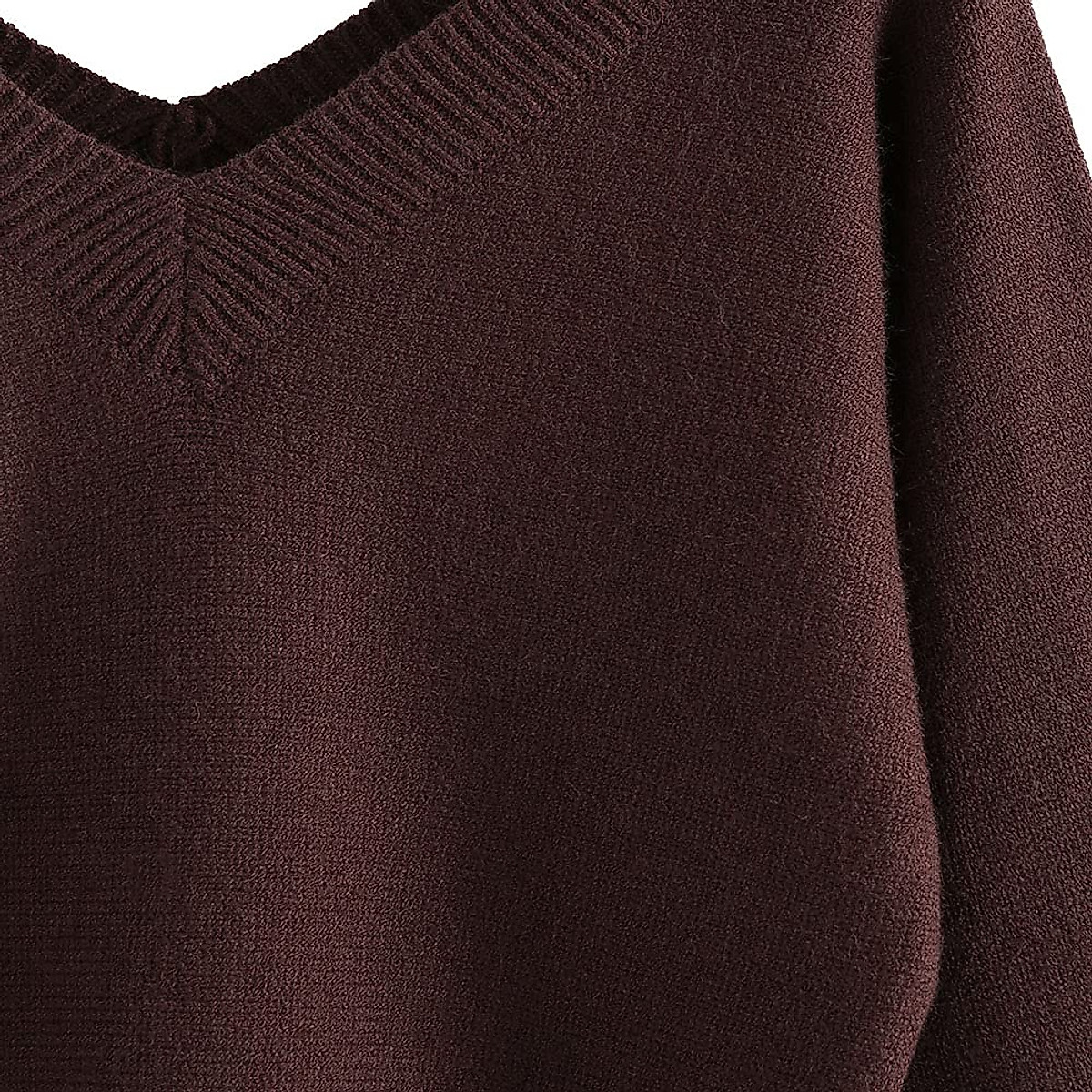 ZAFUL Women's Cropped Sweater V-Neck Long Sleeve Crop Sweater Pullover Jumper Knit Top (1-Deep Coffee, S)