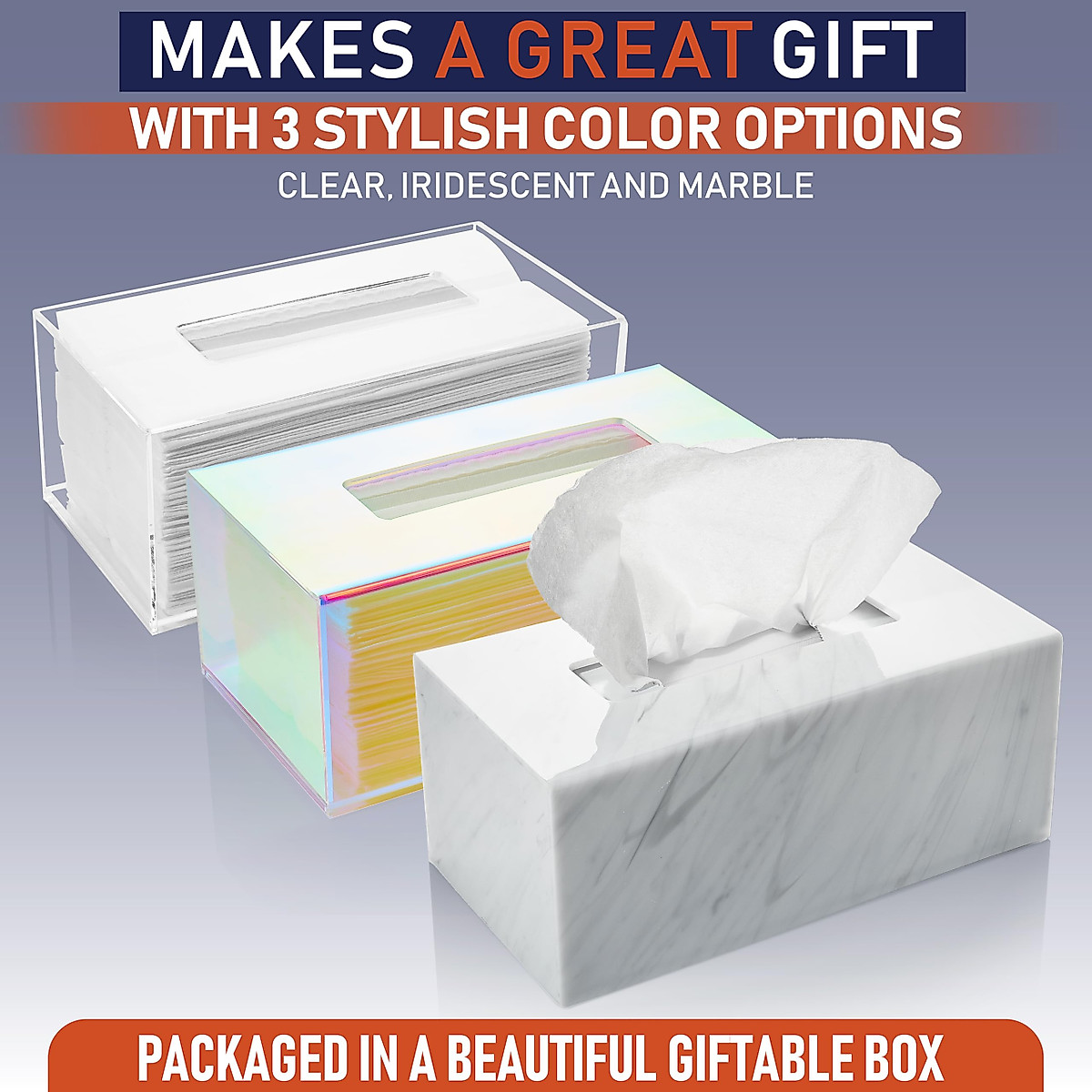 Acrylic Tissue Box Holder, Clear Dispenser for Facial Tissues, Napkins, and Dryer Sheets. Perfect for Bathrooms, Desks, Countertops, Vanities, Bedrooms, and Nightstands (Rectangle, Marble)