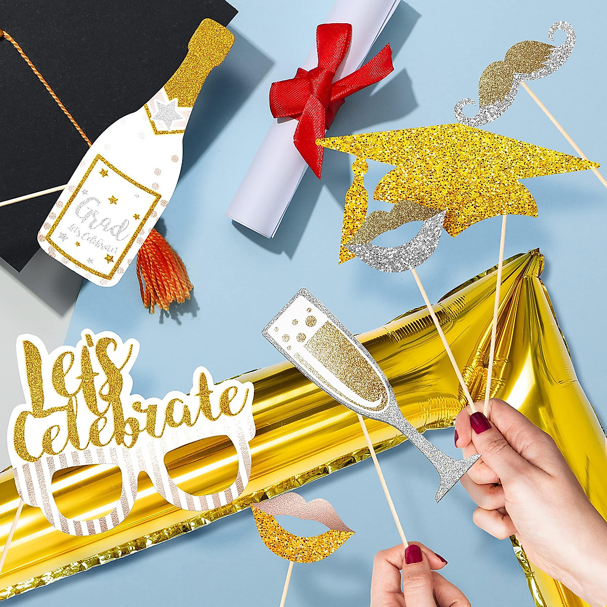 Cheerland Champagne Theme Photo Props for Silver and Gold Grad Party Photo Booth Eye Glasses, Wine Bottle, Mustache, Lips Party Decoration for Photo Background