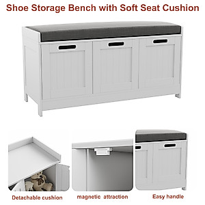 HOMEFORT Shoe Storage Bench, Wooden Shoe Bench with 3-Door Cabinets, Entry Way Home Organizer Bench, Entryway Bench with Padded Cushion Seat, White Storage Bench for Bedroom
