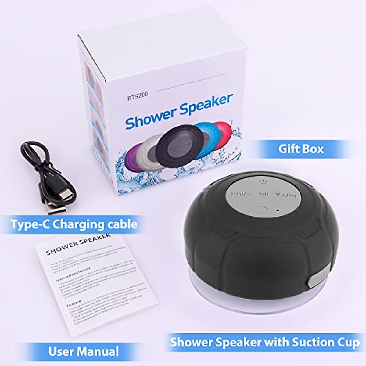Bluetooth Shower Speaker Waterproof Mini Small Portable Wireless Water-Resistant Speaker Suction Cup Built-in Mic Gifts for Kids Speakerphone for Phone Tablet Home Bathroom Kitchen Outdoors - Black