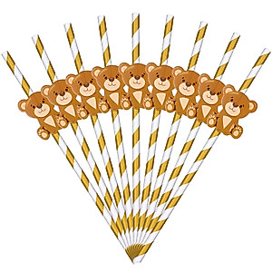 craftshou 120 Pack 7.75 Inches Bear Gold Baby Boy Shower Straws Disposable Baby Shower Paper Straws Cute Striped Drinking Straws for Birthday,Wedding,Celebrations and Party Supplies