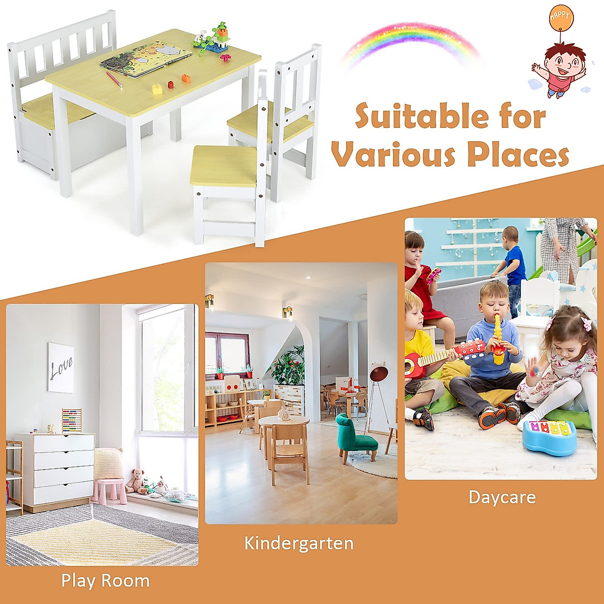 HONEY JOY Kids Table and Chair Set, Toddler Table and 2 Chairs Set w/Toy Storage Bench, 4-Piece Children Wooden Activity Table & Chair Set for Daycare Playroom, Gift for Boys Girls(Natural)