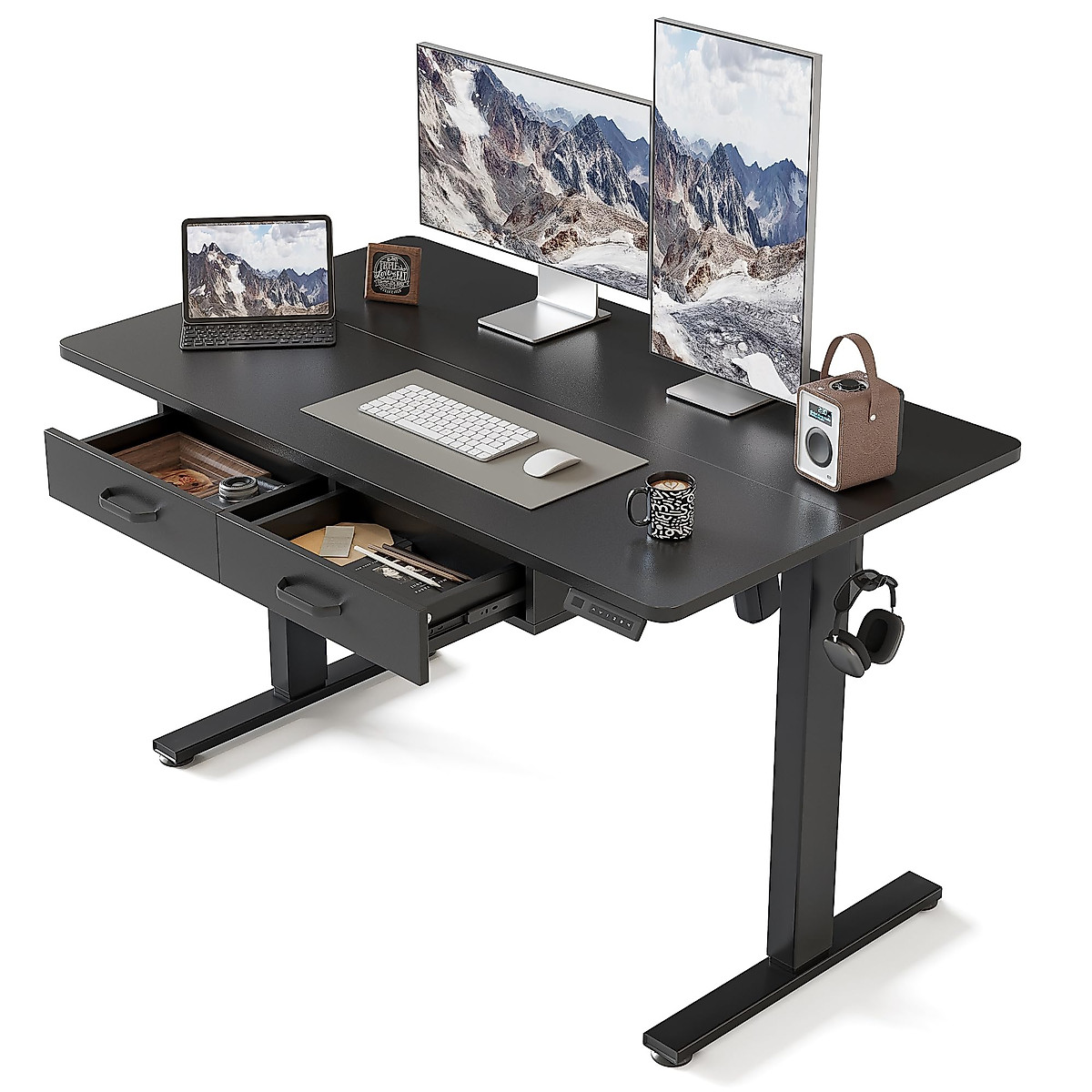 FEZIBO Adjustable Height Electric Standing Desk with Double Drawer, 48 x 24 Inches Stand Up Home Office Desk with Splice Tabletop, Black Frame/Black Top