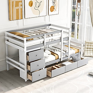 Low Loft Bed with Storage Drawers and Dresser, Wood Twin Over Twin Bunk Bed Frame for 2 Kids, Modern Junior Loft Beds with Storage and Platform Bed for Boys Girls Teens, Gray