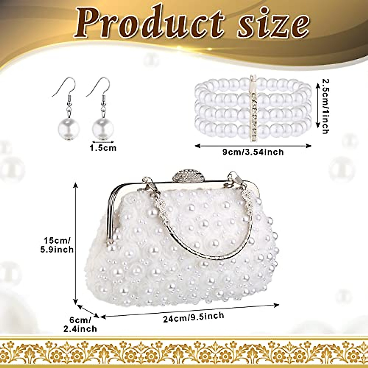 Juinte 4 Pcs 1920s Jewelry Set Include Vintage Pearl Clutch with Chain Faux Pearl Dangle Earring Multi Strands Bracelet and Necklace for Women Girls Wedding Prom Evening Anniversary Party Supplies