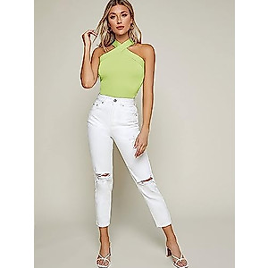 Floerns Women's Solid Criss Cross Halter Sleeveless Tee Shirt Top Lime Green S