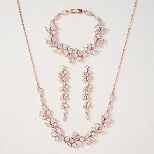 SWEETV Rose Gold Bridal Jewelry Set for Wedding, 3Pcs Long Floral Necklace Earring Bracelet Sets for Brides, Bridesmaids, Elegant Marquise and Cubic Zirconia Jewelry Set for Women Party Prom Gifts