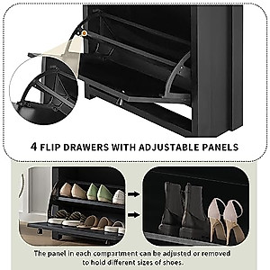 Aiuyesuo Slim Shoe Cabinet Set with 4 Flip Drawers, Wood Grain Pattern Top Shoe Storage Solution with Adjustable Panel, Shoe Rack with 2 Top Storage Drawers for Hallway Entryway (Black-QR0)