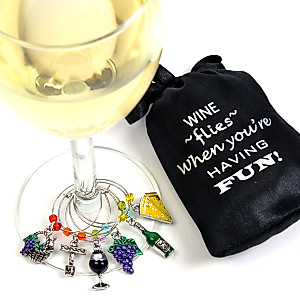 Wine and Grapes Wine Glass Charms, Drink Markers-Charms for Wine Glasses-Set of 6 with Sateen Storage Bag by Cork & Leaf