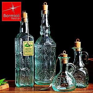 Bormioli Rocco Set Of 2 Country Home Helios Oil Bottle, 8-ounce With All Natural Cork Lid, Blue-green Tinted Star Glass, Elegant And Floral Design Made In Italy.