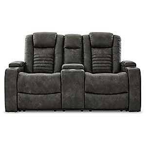 Signature Design by Ashley Soundcheck Contemporary Faux Leather Tufted Power Reclining Loveseat with Control and Adjustable Headrest, Gray