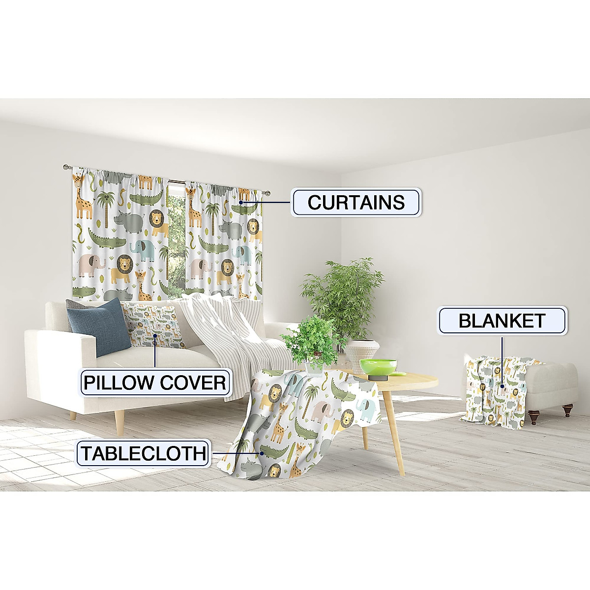 MESHELLY Kids Safari Curtains 42W X 63H Inch Rod Pocket Cute Cartoon Animals Baby Boy Nursery Bedroom Decor Woodland Jungle Lion Elephant Curtains for Children Living Room Window Drapes Fabric