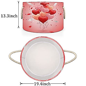 Red Valentines Day Love Heart (18) Large Round Baskets for Storage Laundry Baskets with Handles Blanket Storage Basket for Bathroom Shelves Bins for Organizing Nursery Hamper Girl Boy