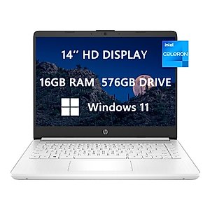 HP 14 HD Laptop, 2023 Newest Upgrade, Intel Intel Celeron N4120(4-core), 16GB RAM, 576GB(64GB SSD+512GB Card), Webcam, Bluetooth, USB-C, White, Windows 11, School and Business Ready, ROKC HDMI Cable