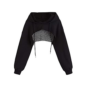 Verdusa Women's Hollow Out Fishnet Long Sleeve Drawstring Hoodie Super Crop Sweatshirt Black L