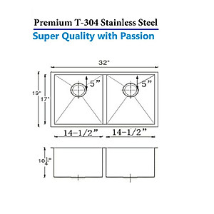 KABCO K-SSZRID3 32 Inch stainless steel Undermount kitchen sink 16 Guage 50/50 Zero Radius Double Bowl kitchen sink 32"L X 19"W X 10"D Inch