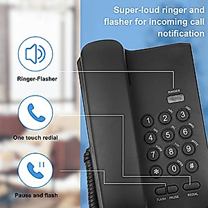 Desktop Wired Phones, Desktop Fixed Phones, no AC Power, one Button redial, Pause, Flash, Ring Tone Flash for Home, Reception, Hotel, Office, etc. (Black)