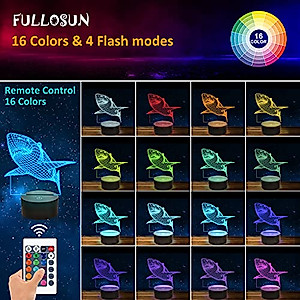 FULLOSUN 3D Illusion Lamp, Shark Night Light with Remote Control Optical Touch 16 Color Changing Desk Lamps Kids Room Decor Festival Birthday Present Gifts for Toddlers Boys Child