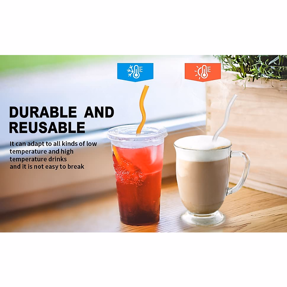 Nipogear 8*200mm wavy high borosilicate transparent colored high borosilicate glass straws for beverages, coffee, milk and tea straws. Seven-piece suit.