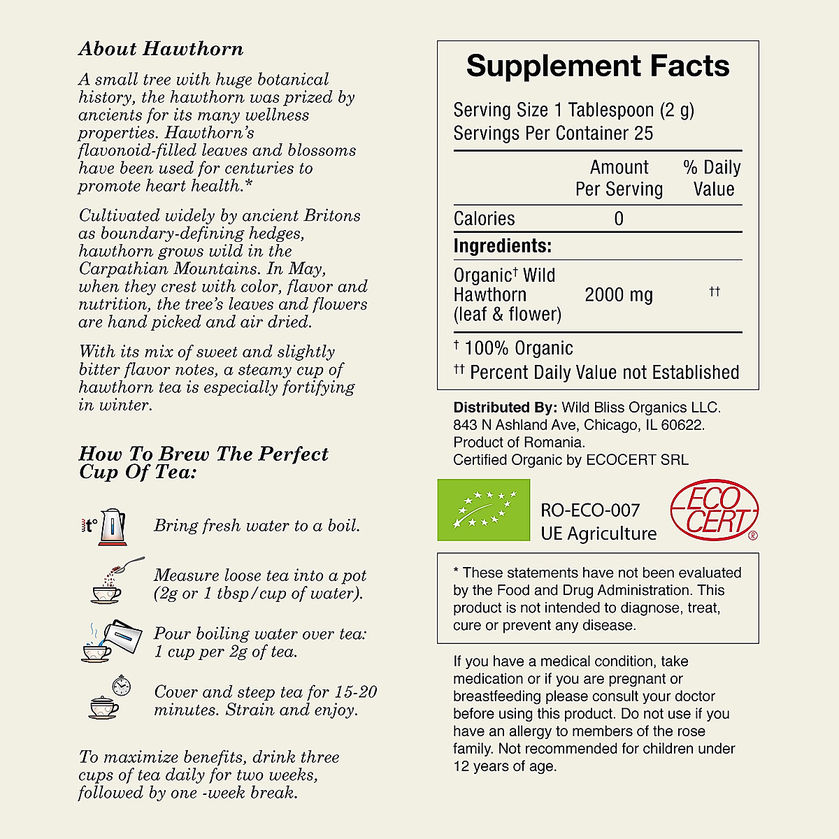 Organic Hawthorn Loose Leaf and Flower Tea - Caffeine Free Herbal Tea - Pharmacopoeia Potency - 1.76 Oz - 25 Servings